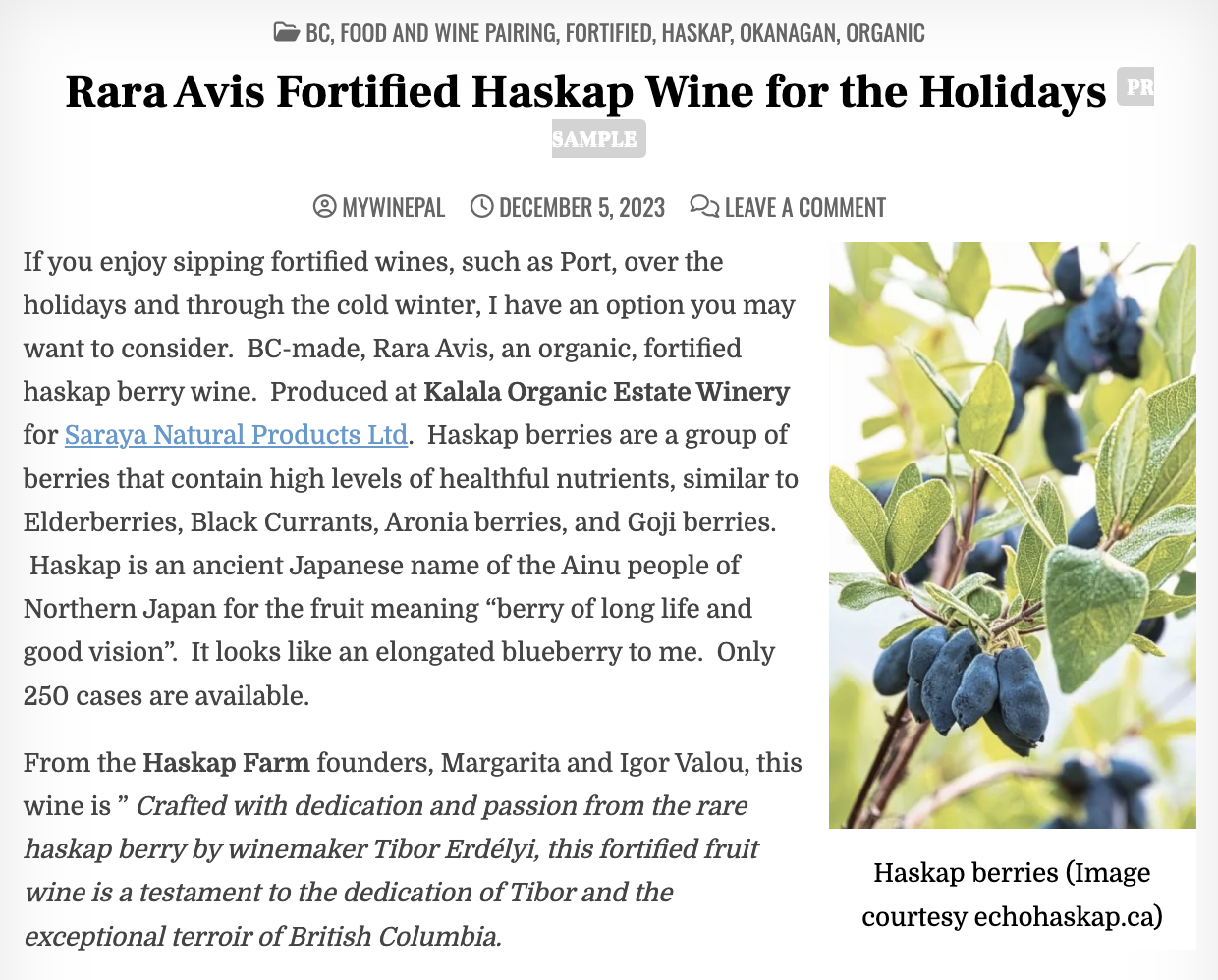 Rara Avis Fortified Haskap is a Wine for the Holidays - Echo Haskap